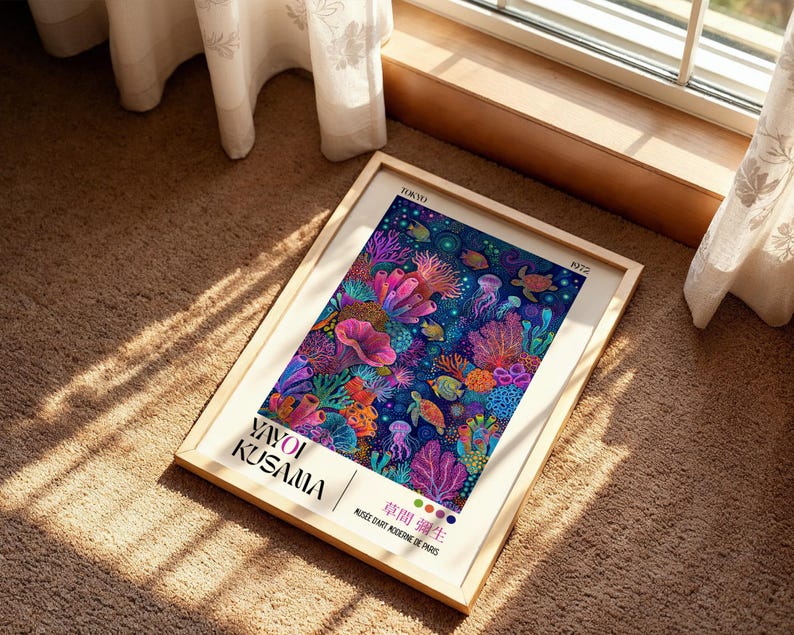 Yayoi Kusama Inspired Ocean Print, Colorful Coral Reef Art, Sea Turtle ...