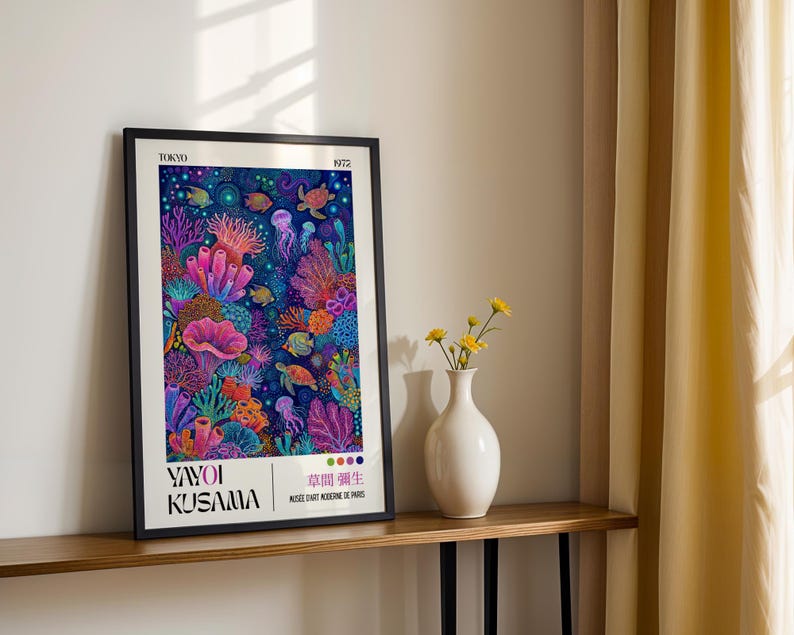 Yayoi Kusama Inspired Ocean Print, Colorful Coral Reef Art, Sea Turtle ...