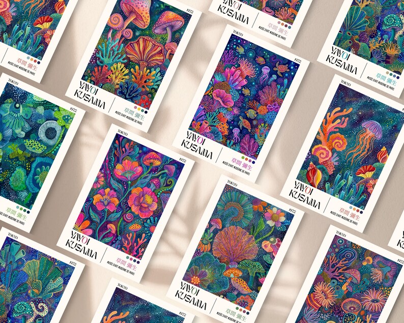 Yayoi Kusama Inspired Ocean Print, Colorful Coral Reef Art, Sea Turtle ...