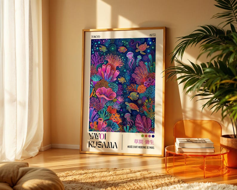 Yayoi Kusama Inspired Ocean Print, Colorful Coral Reef Art, Sea Turtle ...