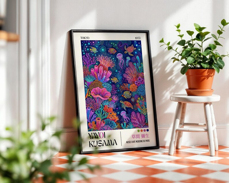 Yayoi Kusama Inspired Ocean Print, Colorful Coral Reef Art, Sea Turtle ...