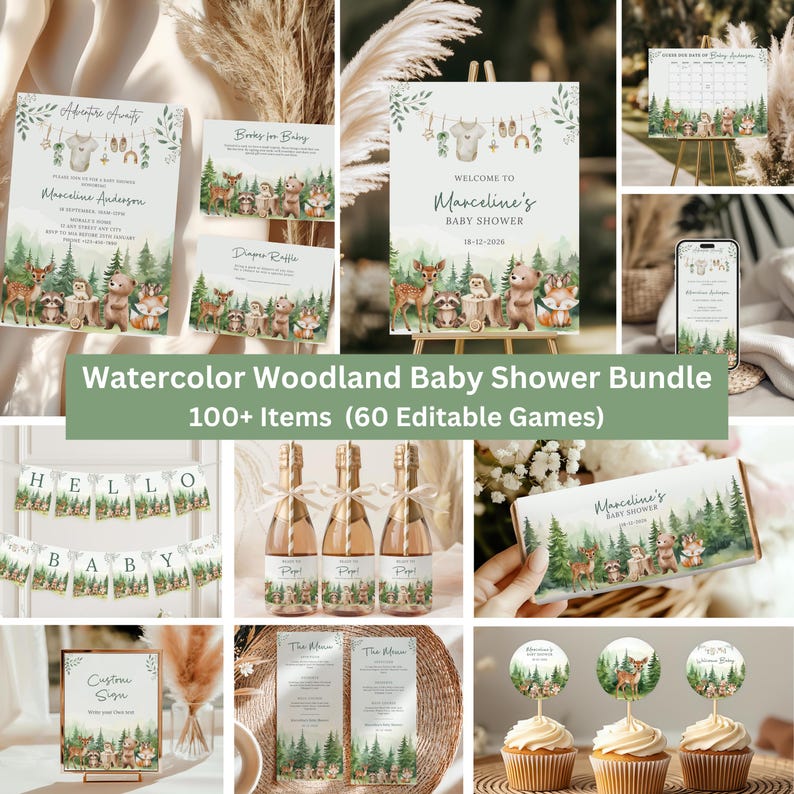Editable Watercolor Woodland Baby Shower Bundle| Woodland Animals Baby ...