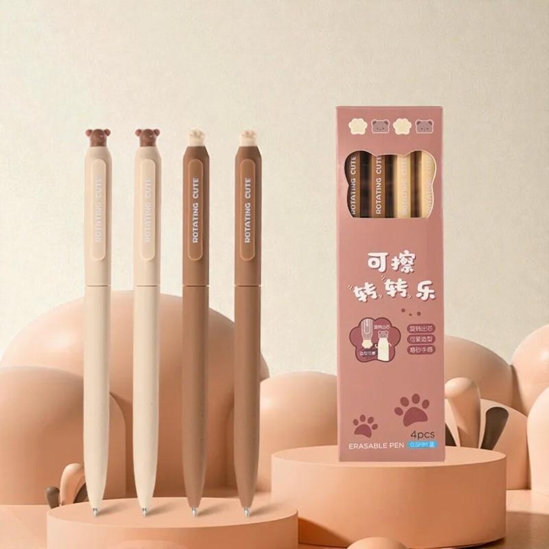 Paw-themed Erasable Gel Pens Set – 4 Pcs Cute Paw ,bear Design, Smooth ...