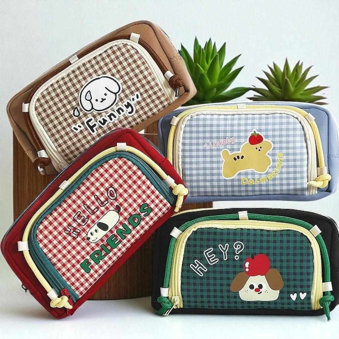 Cute Dog Pencil Case || Large Capacity Retro Plaid Pen Bag, Kawaii ...