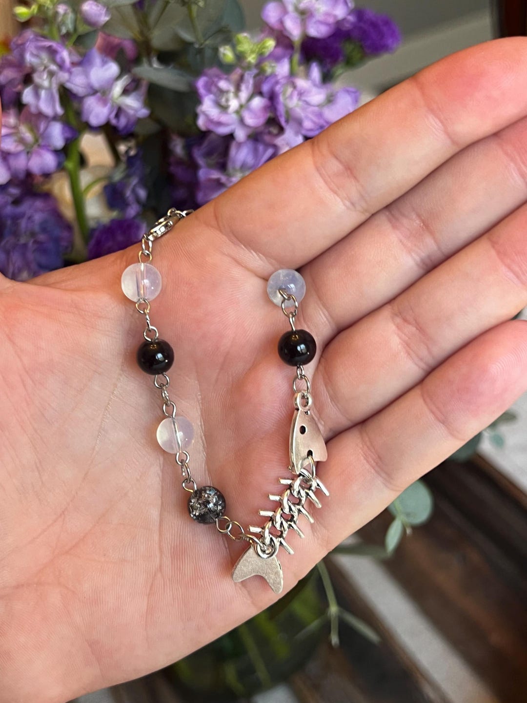 Ocean Blue Fishbone Bracelet: Sterling Silver Star Charm & Glass Beads ...