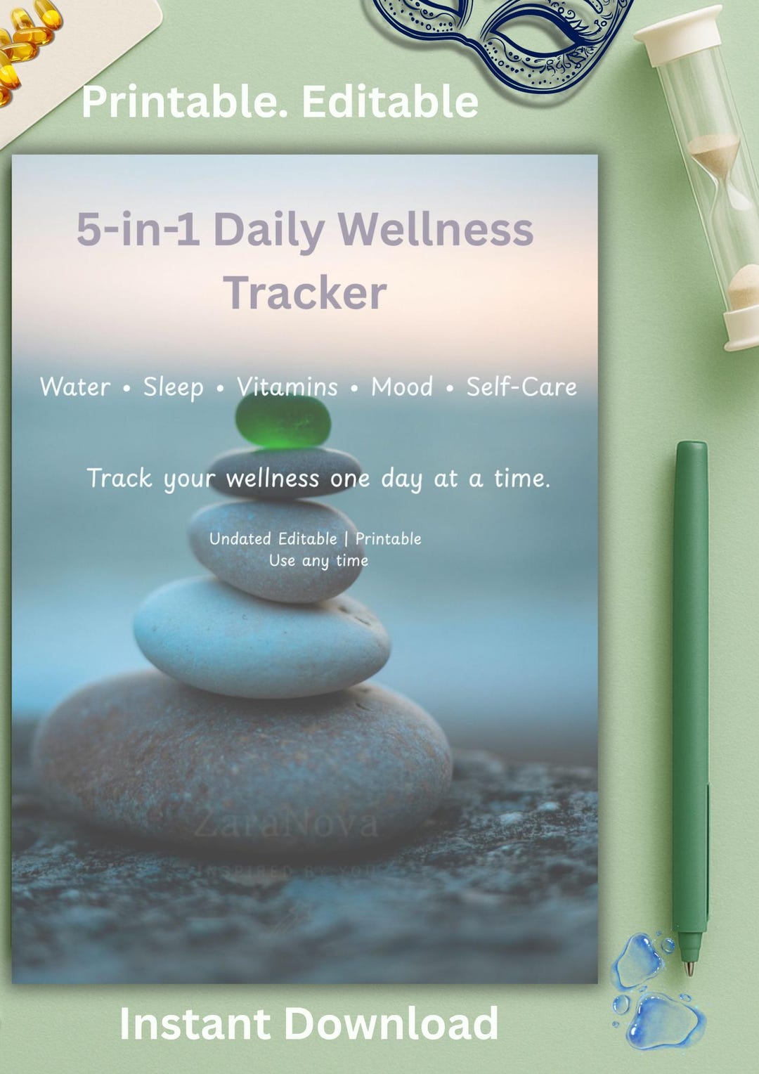 Daily Wellness Tracker Printable and Editable | Self-care, Mood, Sleep ...