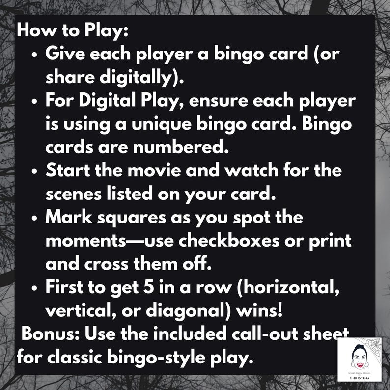 Scary Movie Bingo Game Inspired by Horror Movie Interactive Checkbox ...