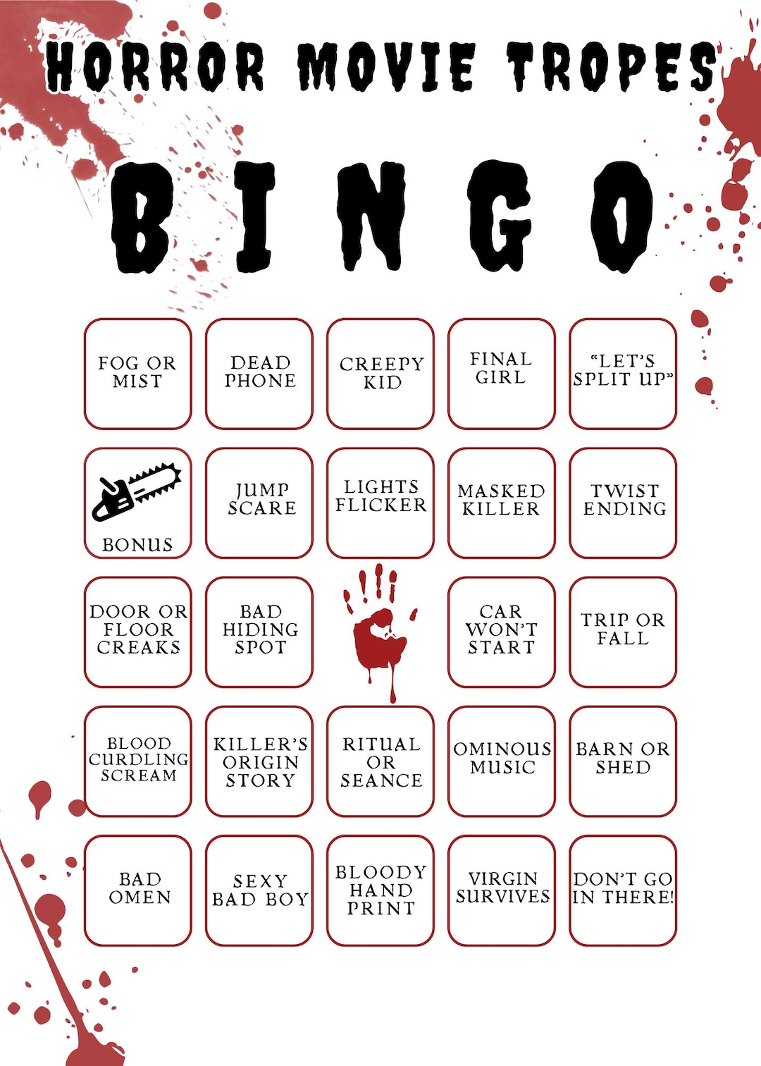 Horror Movie Tropes Bingo Cards - Etsy