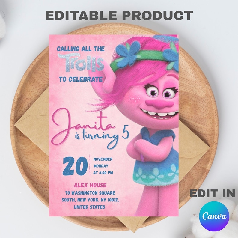 Editable Trolls Party Card Invitation Template ( 5x7 ) Digital ...