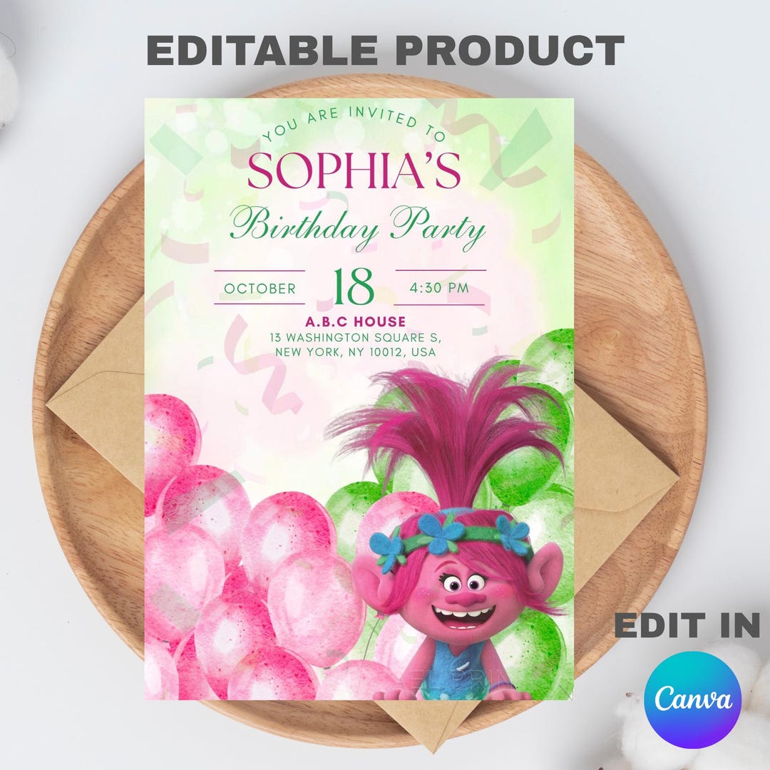 Editable Troll Birthday Party Invitation Template ( 5x7 ) Digital ...