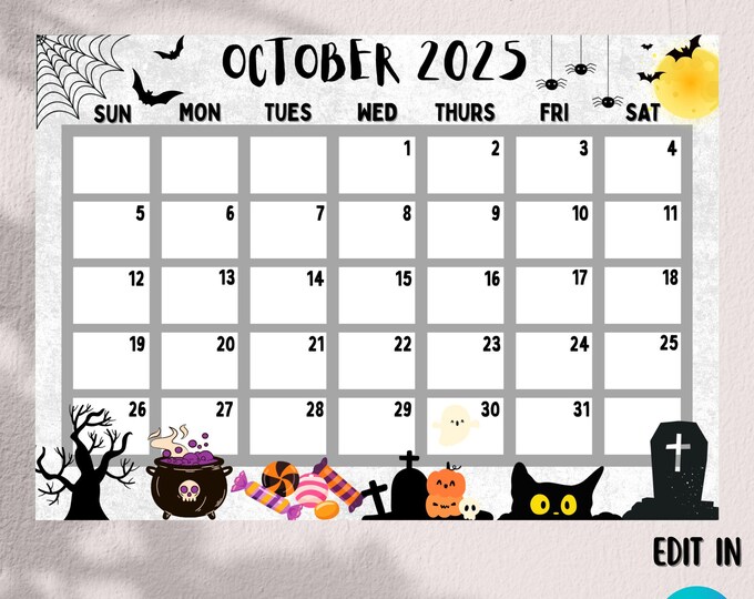 Editable Fillable October 2025 Calendar for Spooky Happy Halloween ...