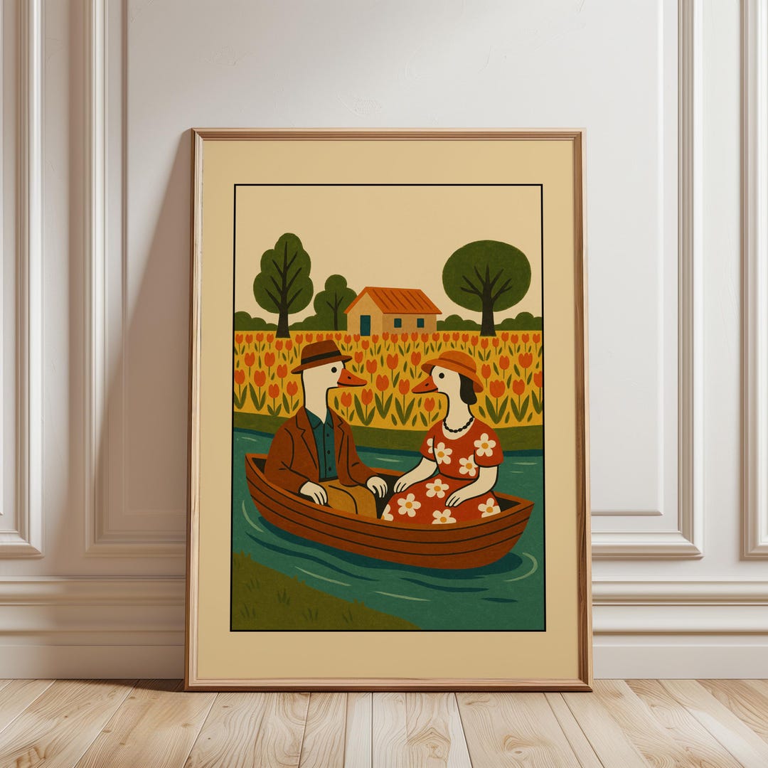 Vintage Goose Couple Wall Art – Folk Style Animal Illustration Print ...