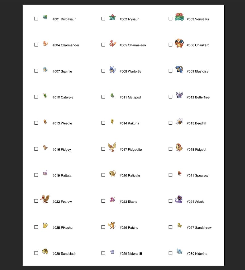 Pokemon Complete Pokedex Checklist (all Generations, 1,025 Pokemon ...