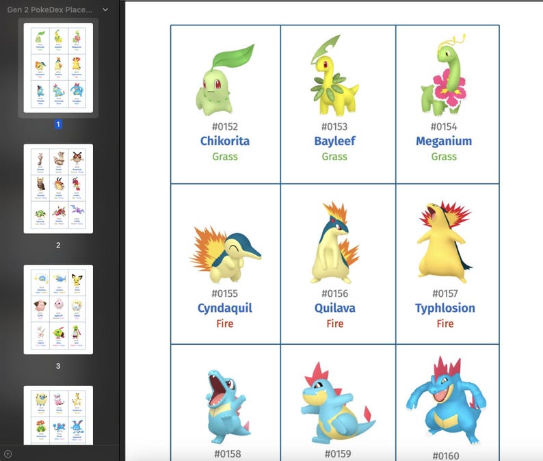 Pokémon Generation 2 Binder Placeholders – Johto Pokédex (152–251 ...
