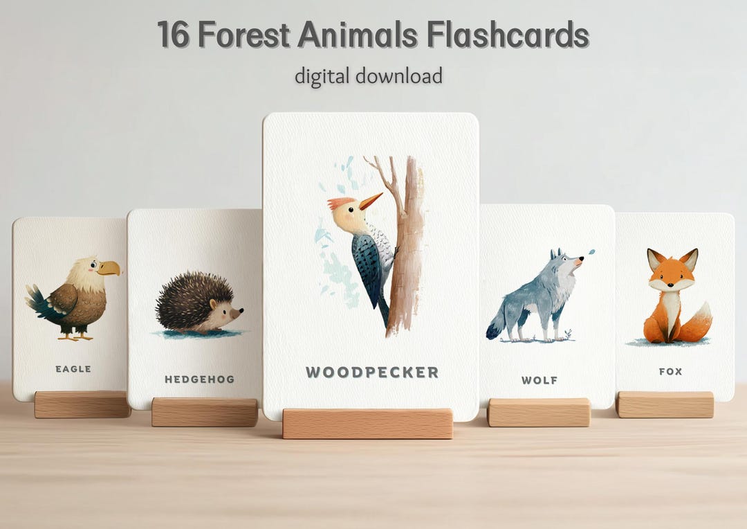 Watercolor Forest Animals Flashcards: Toddler Montessori Learning ...