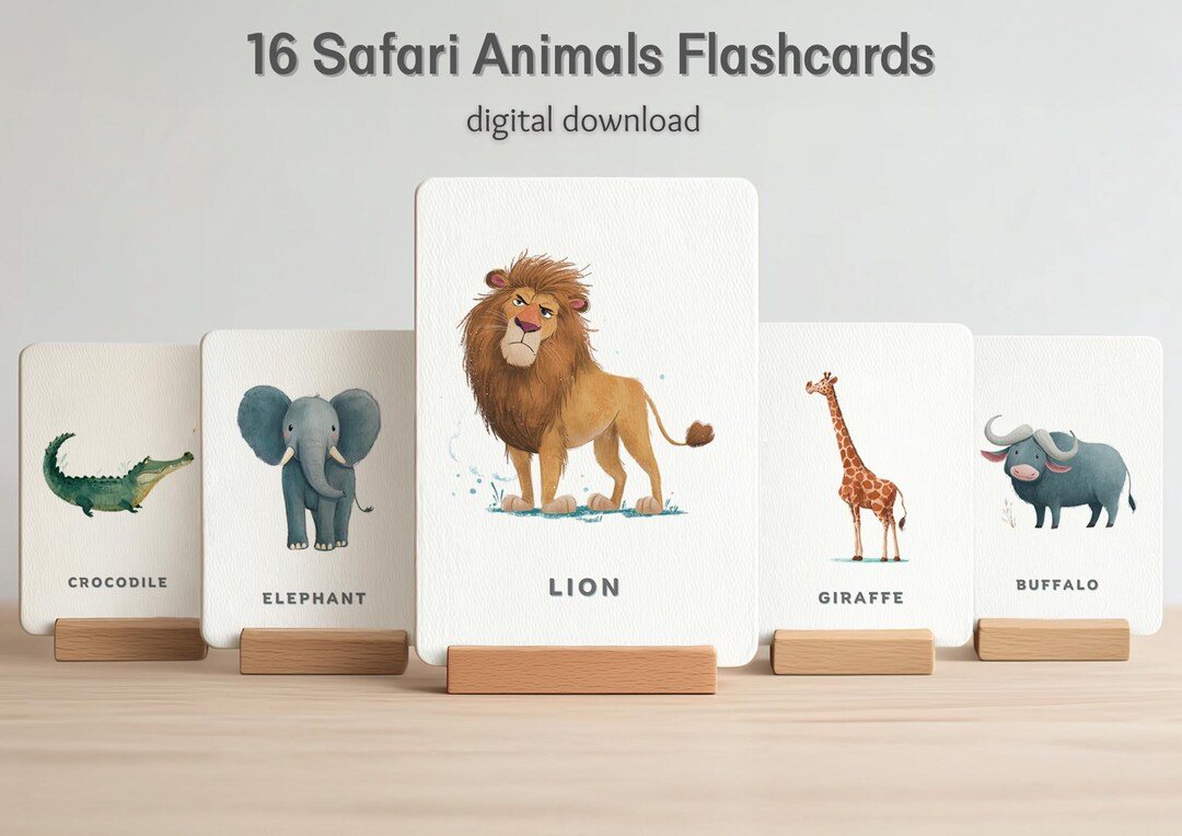 Watercolor Safari Animals Flashcards: Printable Montessori Learning ...