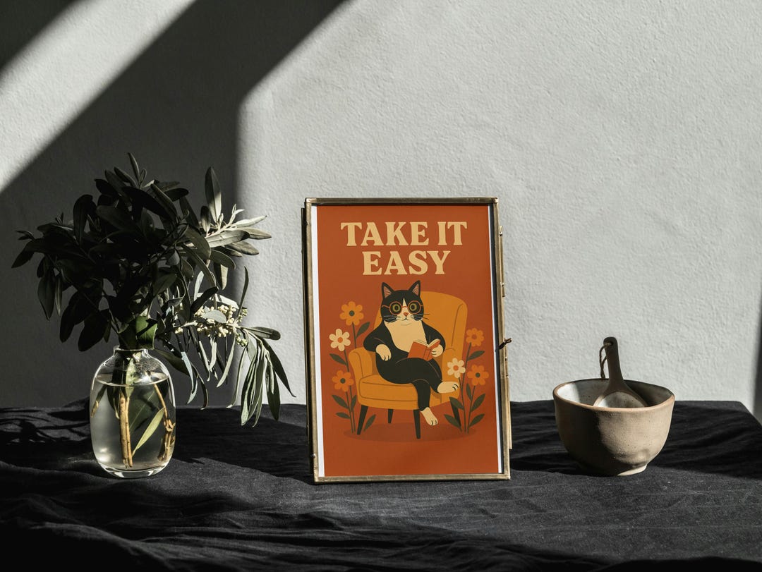Funny Cat Wall Art – "take It Easy" Poster – Tuxedo Cat Reading Print ...