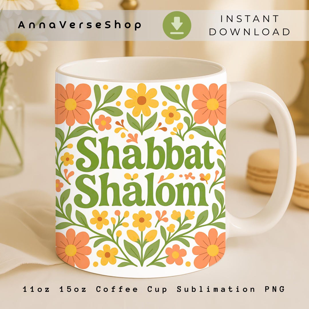 Shabbat Shalom Mug Wrap PNG, Jewish Coffee Cup Sublimation, Floral ...