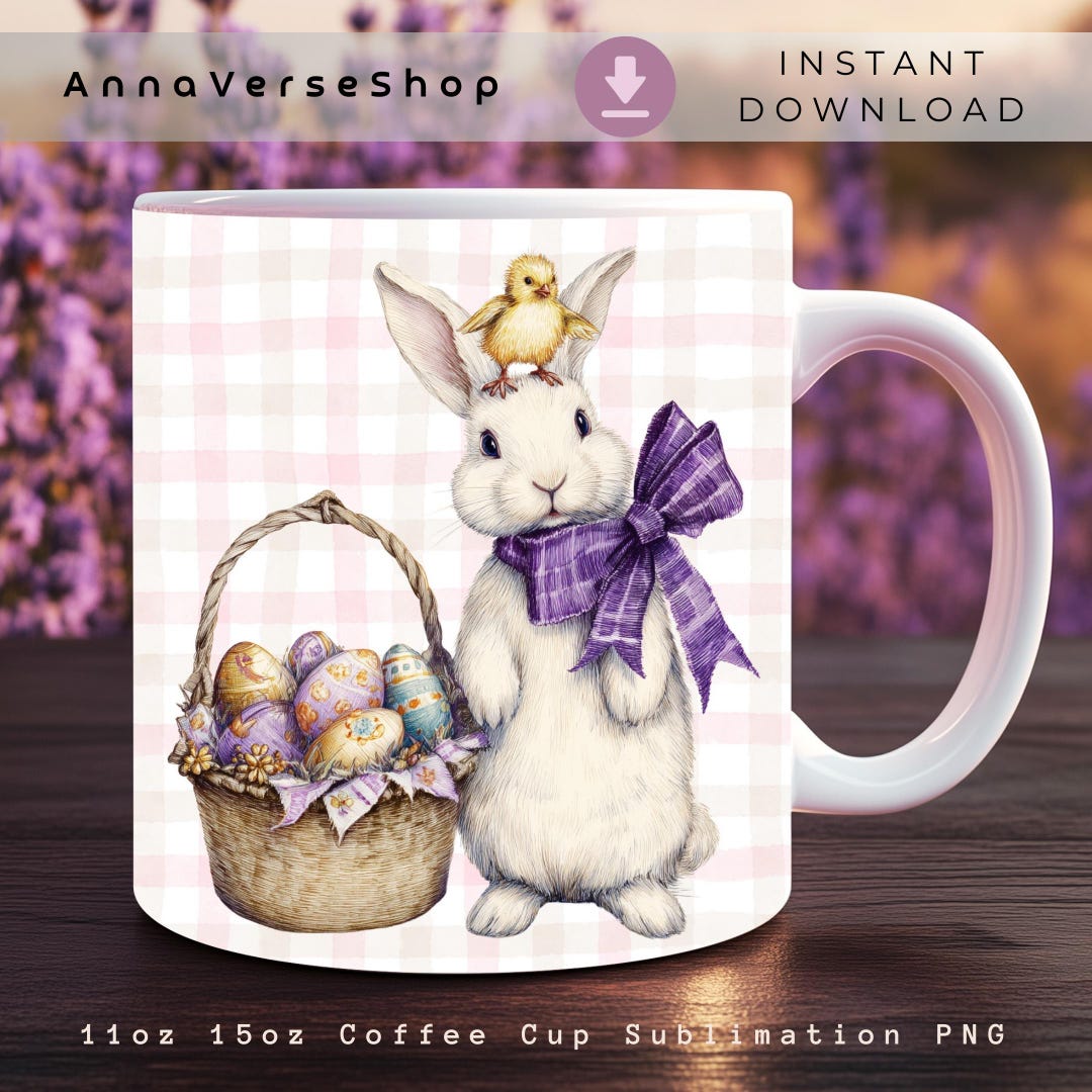 Easter Bunny Mug Wrap PNG, Cute Rabbit With Eggs Sublimation Design ...