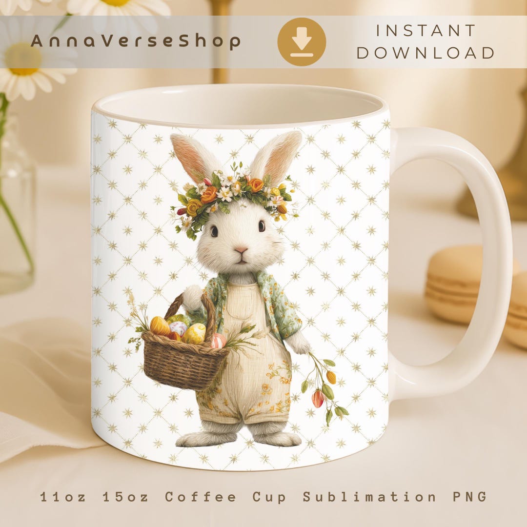 Easter Bunny Mug Wrap PNG, Vintage Cottagecore Rabbit Coffee Cup ...