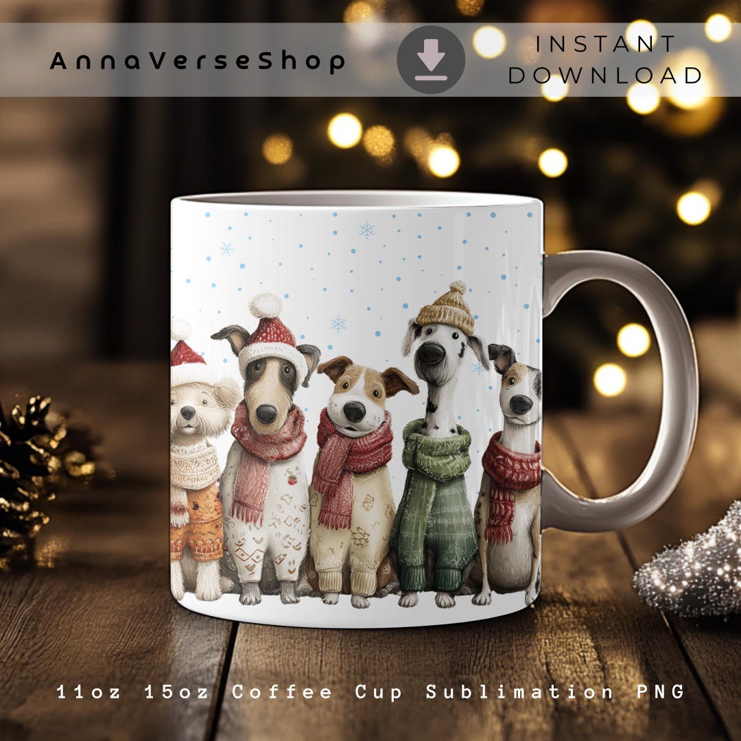 Christmas Dog Mug Wrap PNG, Holiday Coffee Cup Sublimation Design 11oz ...