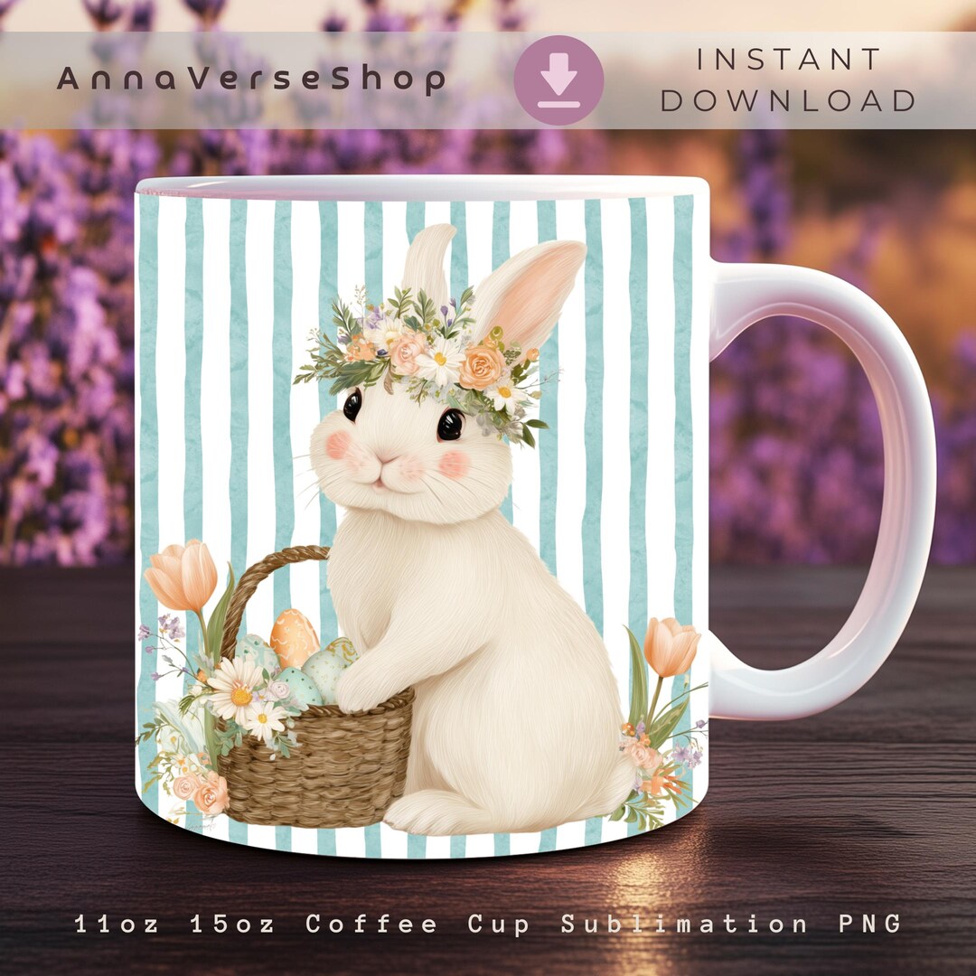 Easter Bunny Mug Wrap PNG, Cute Bunny With Flower Crown, Easter Coffee ...