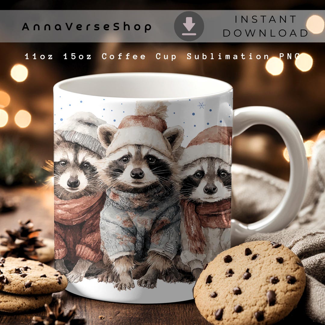 Winter Raccoon Mug Wrap PNG, Christmas Mug Wrap Sublimation Design ...