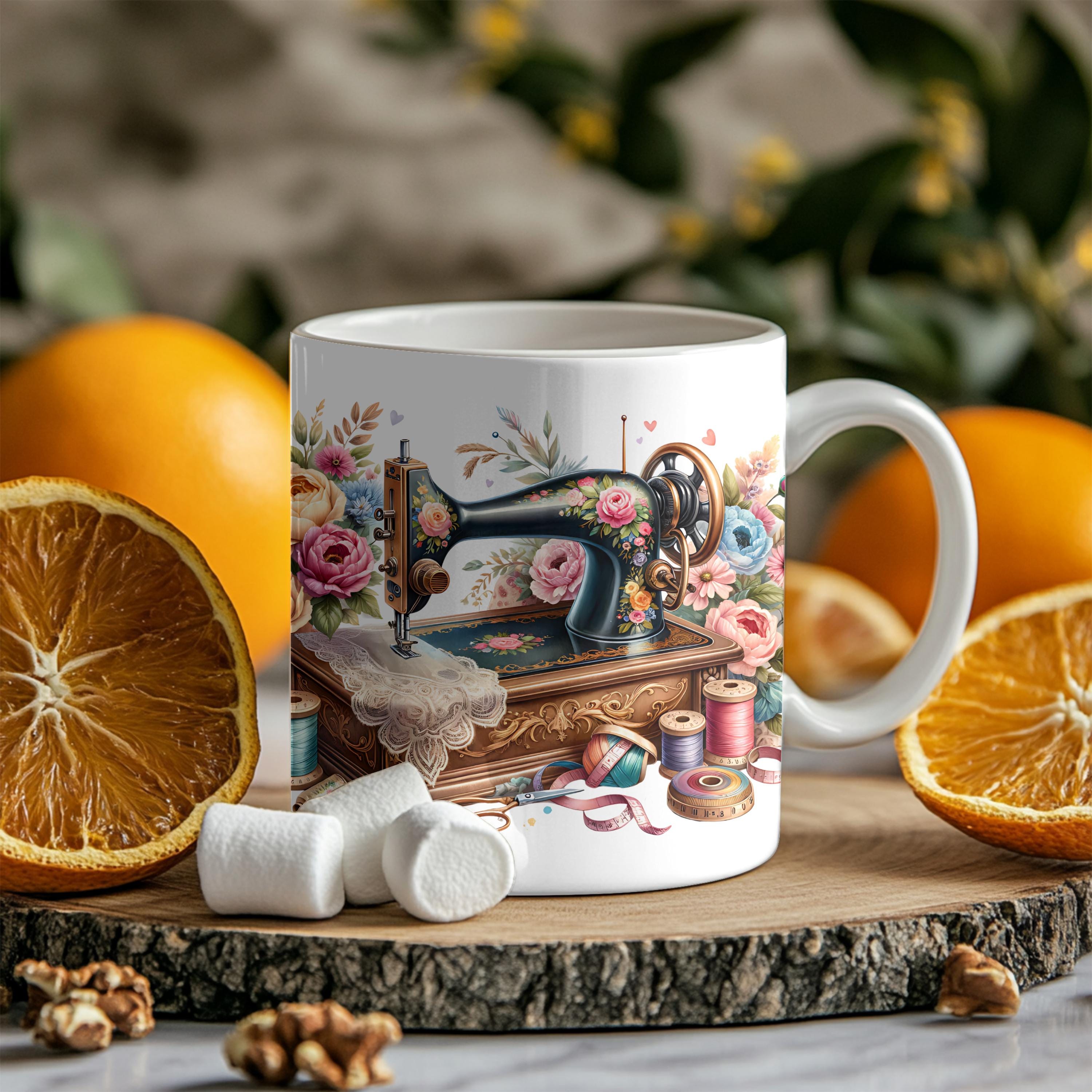 Vintage Sewing Machine Mug Wrap PNG, Seamstress Gift, Floral Sewing Cup ...