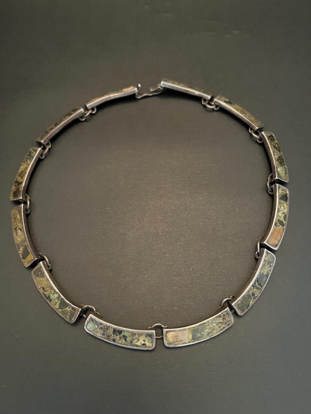 Vintage Taxco Sterling Silver Necklace: Green Stone Inlay, Mexican ...