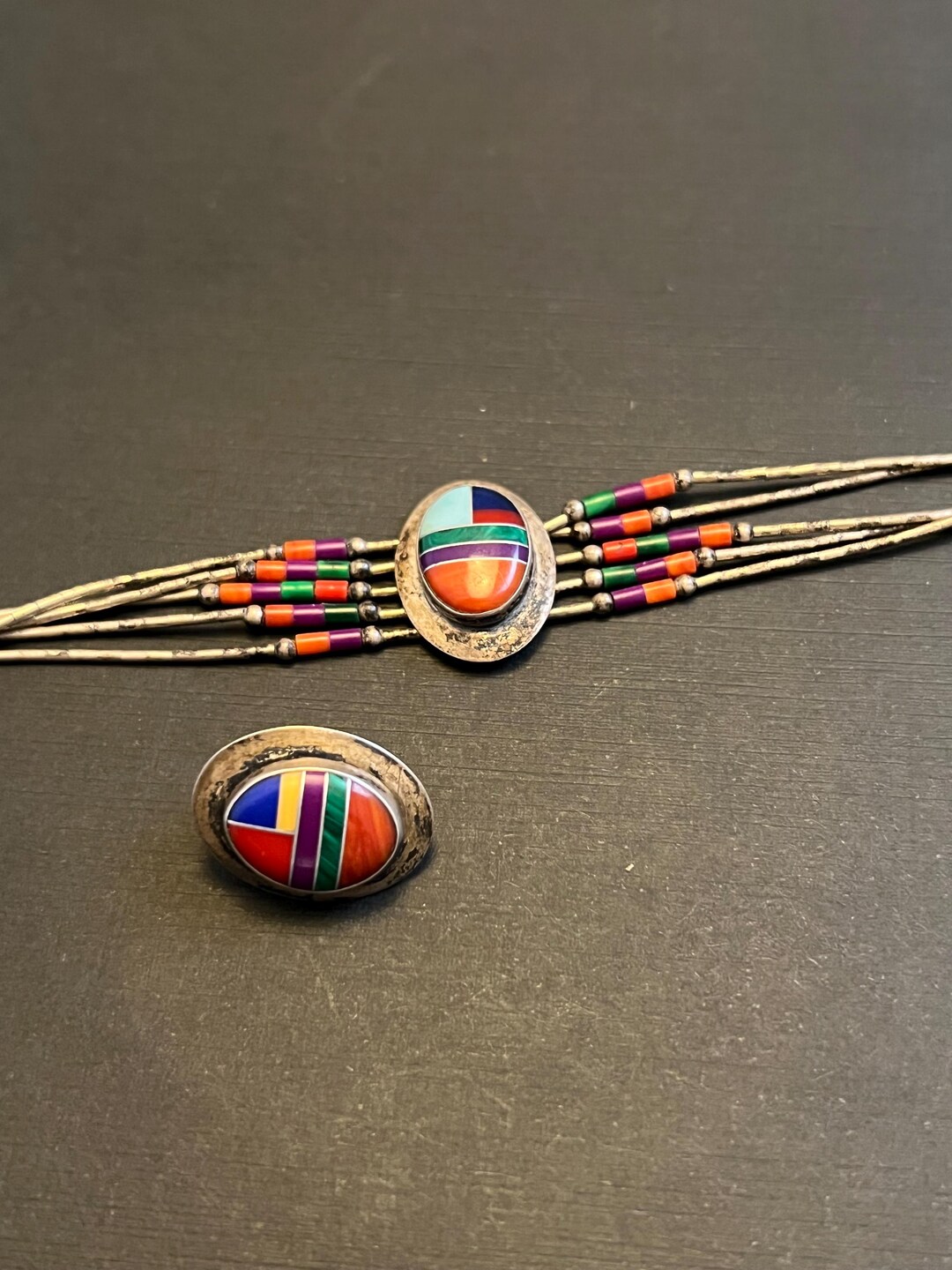 Vintage Ella Peter Sterling Silver Inlay Bracelet & Single Earring ...