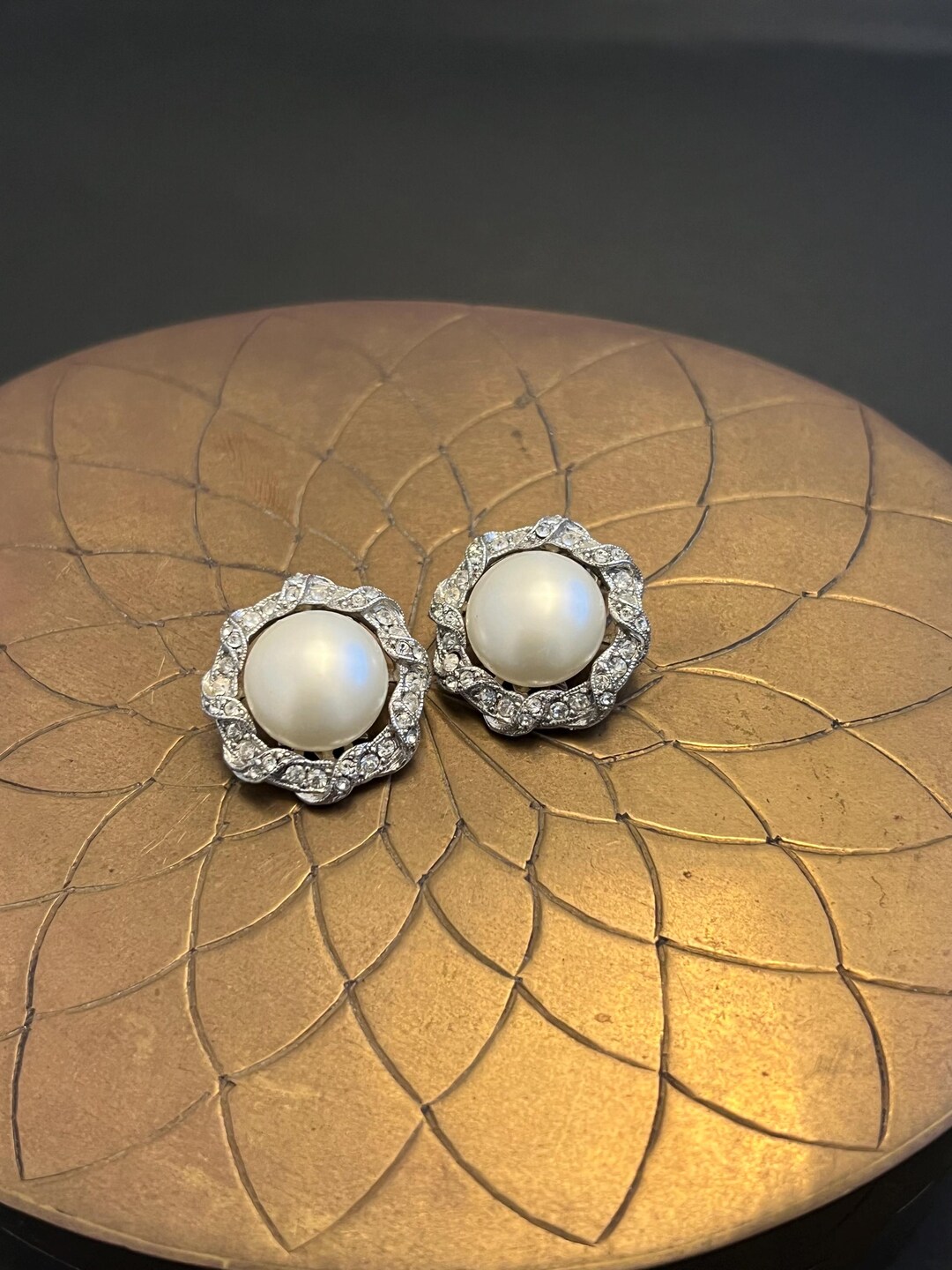 Vintage Marvella Faux Pearl Clip-on Earrings: Rhinestone Halo, Silver ...