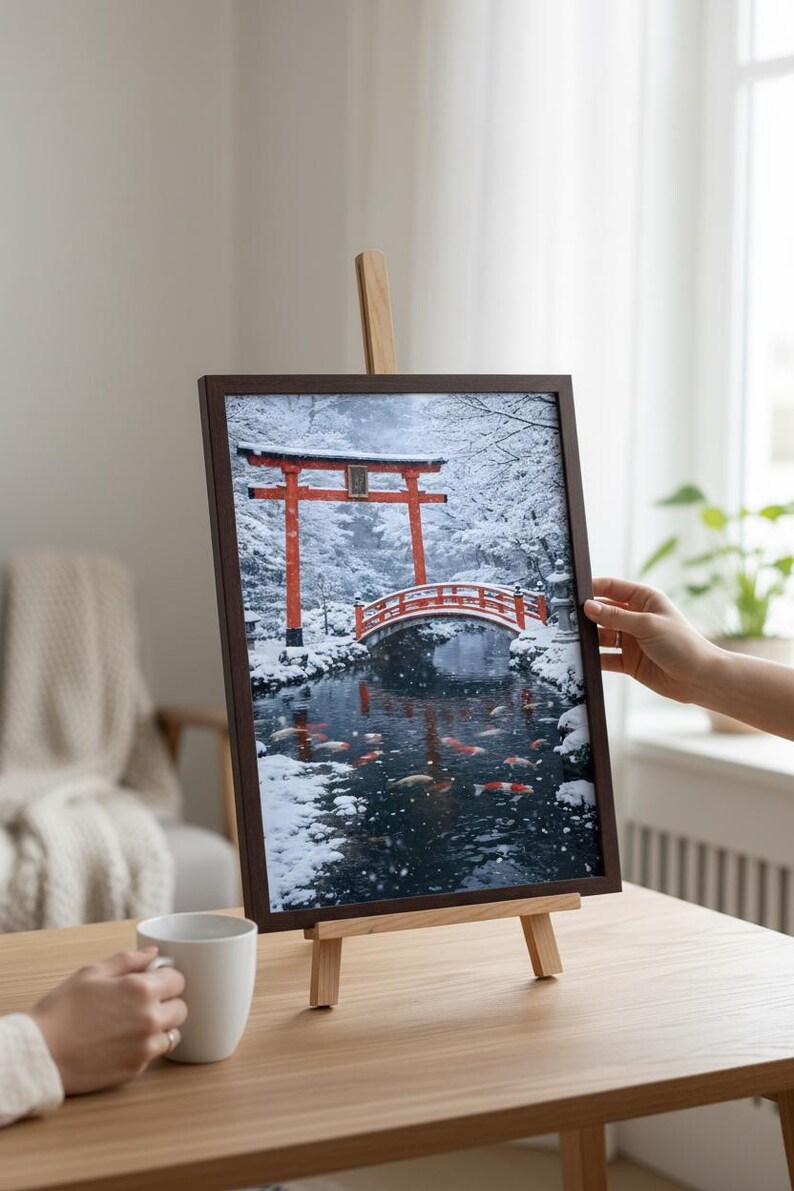 Red Bridge in Falling Snow | Japanese Winter Wall Art (A4 Digital ...