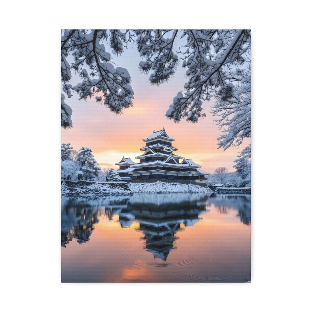 Snowy Japanese Castle Sunset Canvas Wall Art, Winter Landscape Scene, 1 ...