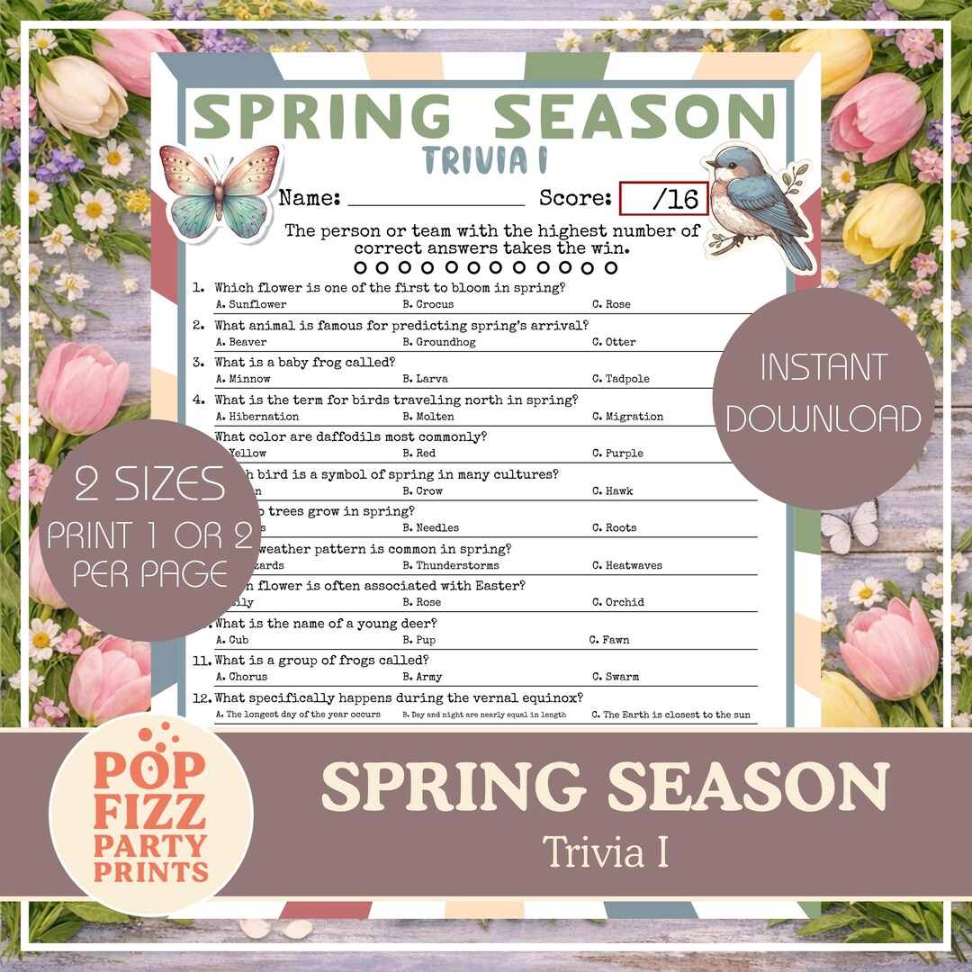 Spring Trivia Printable Game, Spring Party Activity, Seasonal Trivia ...