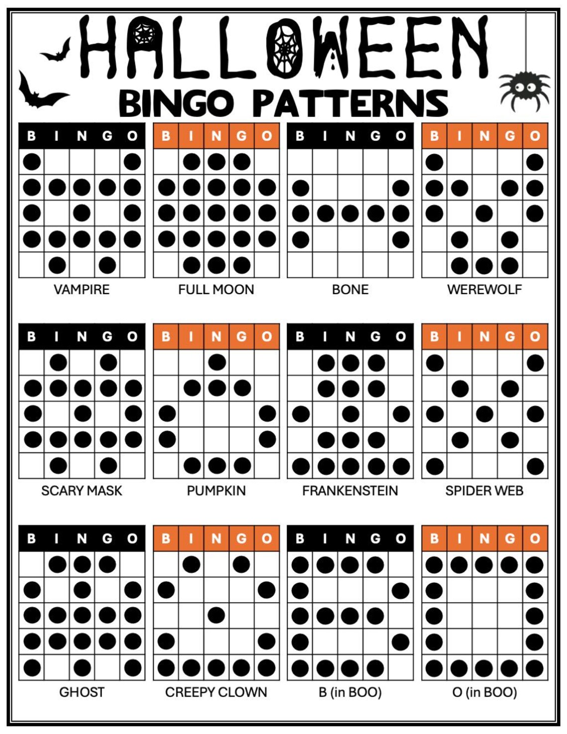 Halloween Bingo Patterns | Printable Halloween Bingo Party Game | 24 ...