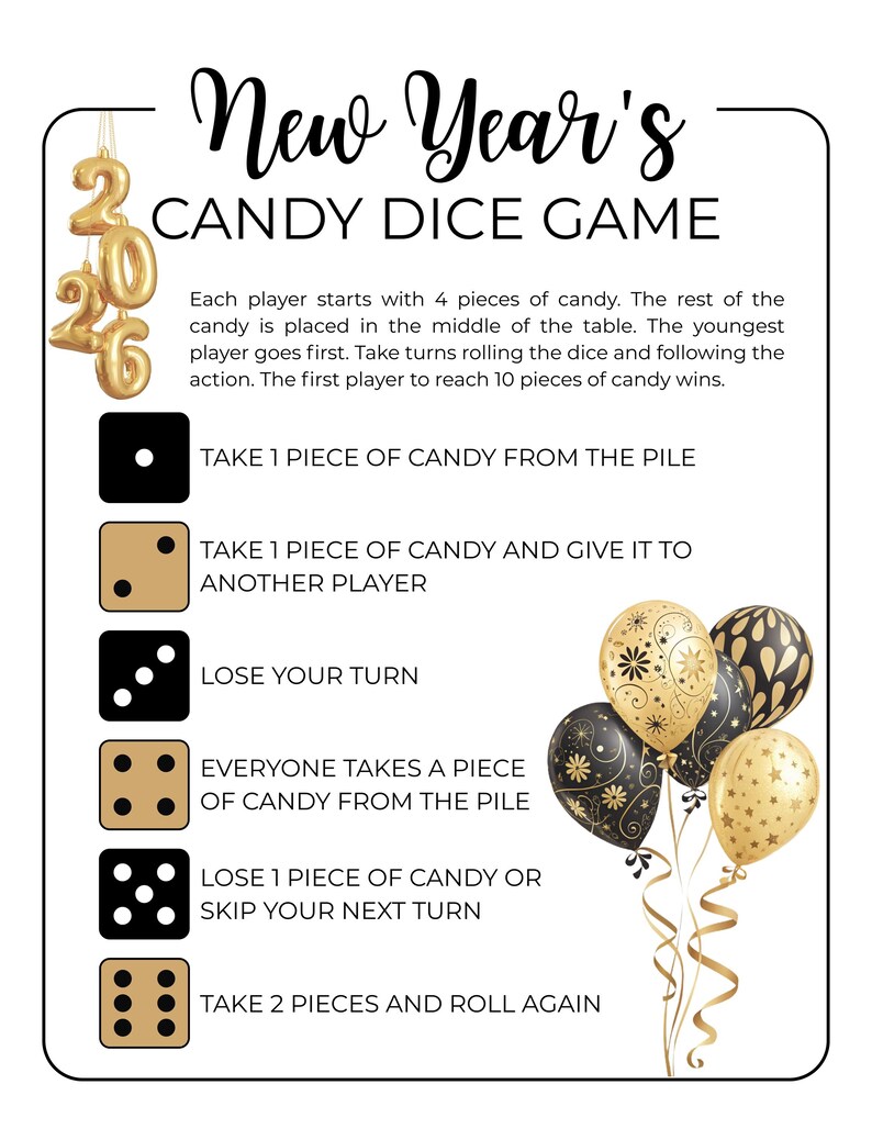 New Year's Eve Candy Dice Game, New Years Party Candy Dice Printable ...