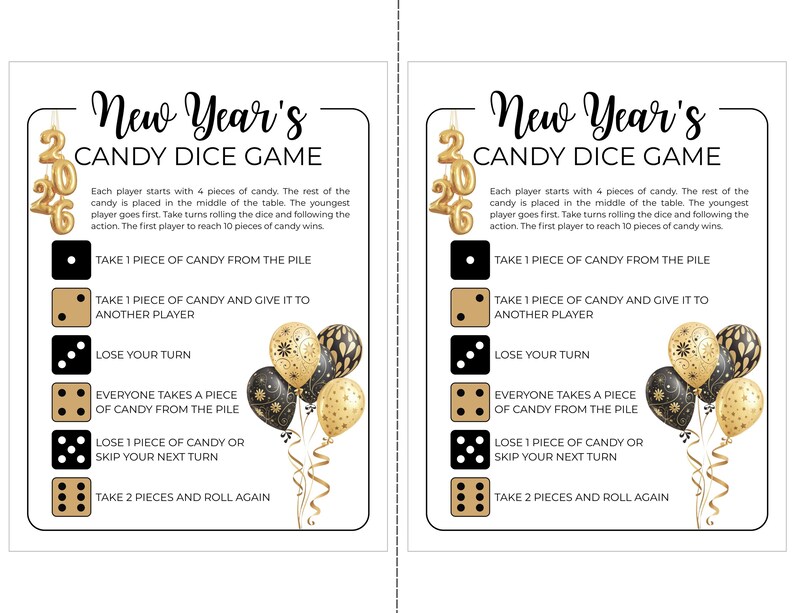 New Year's Eve Candy Dice Game, New Years Party Candy Dice Printable ...