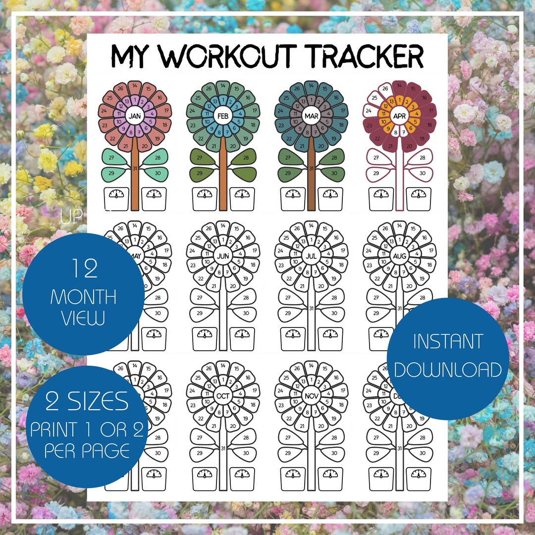 Yearly Workout Tracker Printable Flower Fitness Habit Tracker, Color-in ...