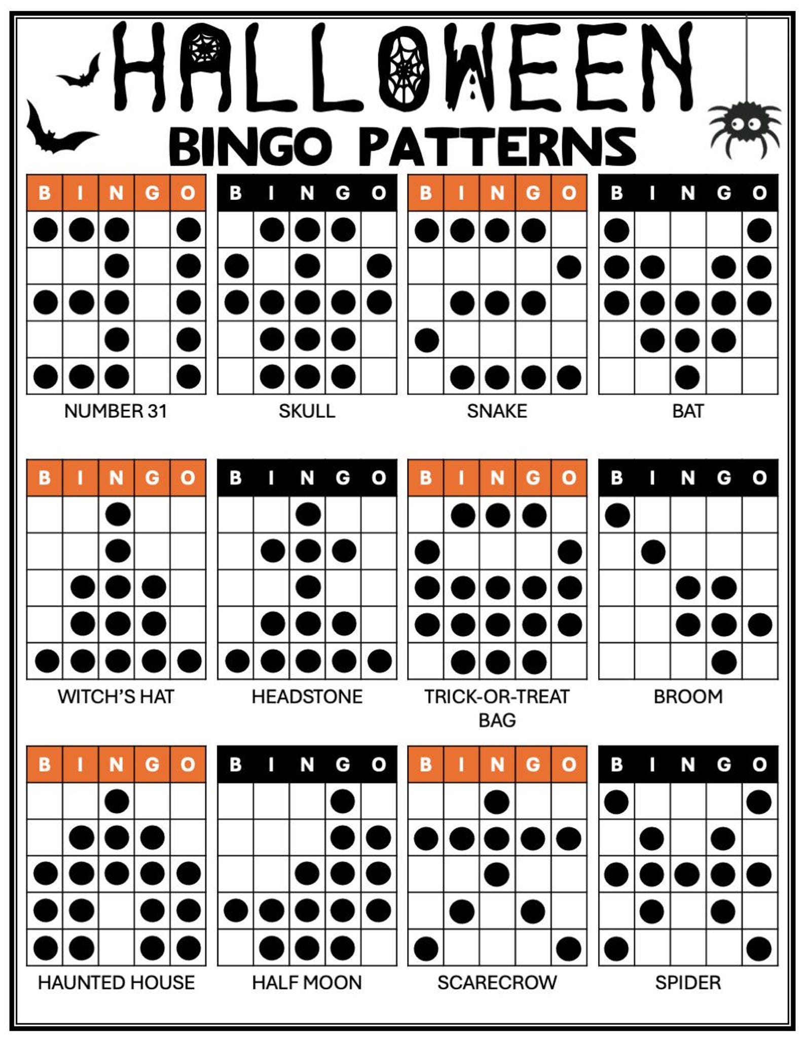 Halloween Bingo Patterns | Printable Halloween Bingo Party Game | 24 ...