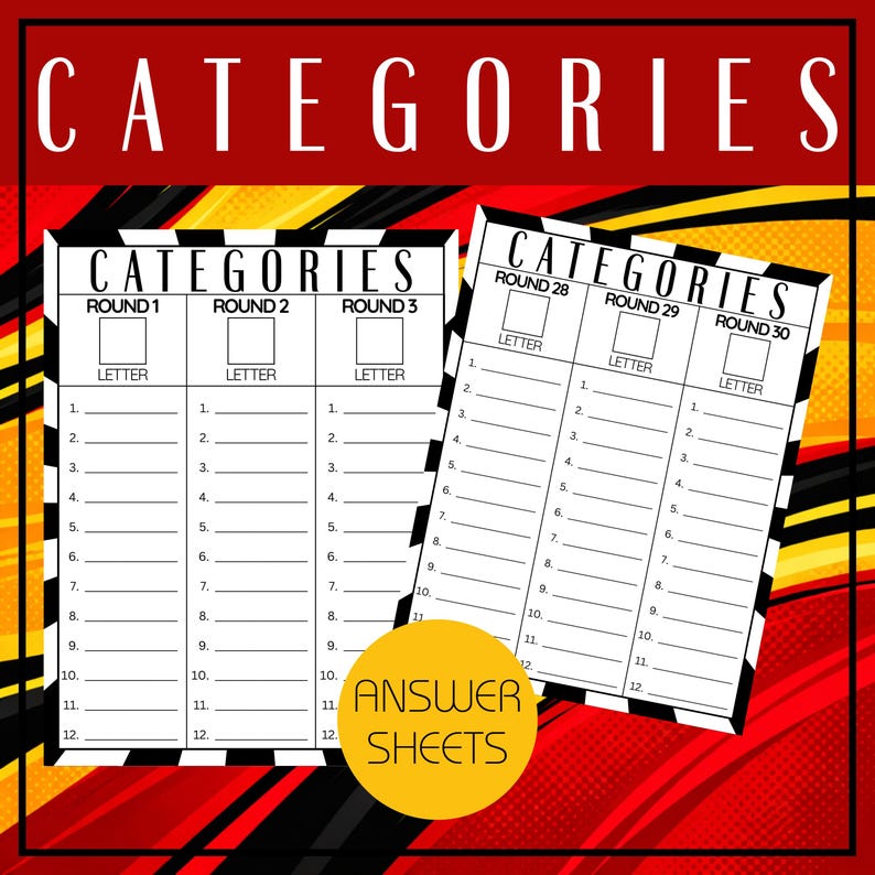 Scattergories Game, Family Scattergories Game, Categories Score Sheets ...
