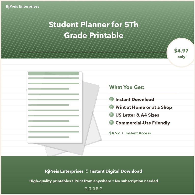 Student Planner for 5th Grade Printable | Digital Download | PDF ...