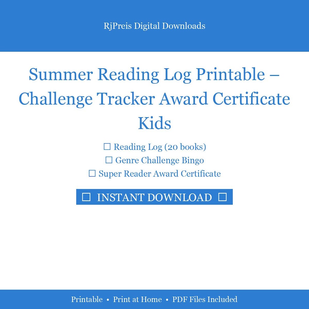 Summer Reading Log Printable Challenge Tracker Award Kids Printable ...