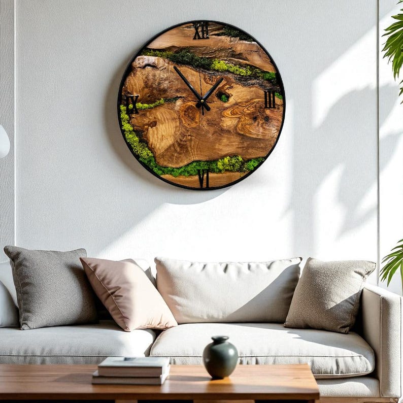 Olive Wood and Moss Wall Clock With Metal Frame, Unique Nature Gift - Etsy