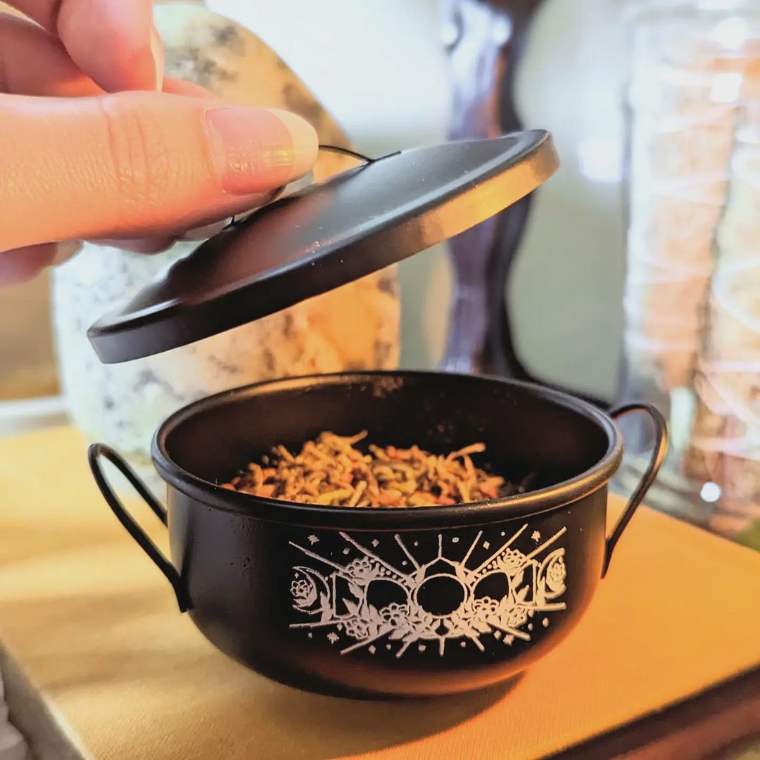 Small Iron Cauldron + Lid | Black Altar Bowl for Herbs, Resin, or Decor ...