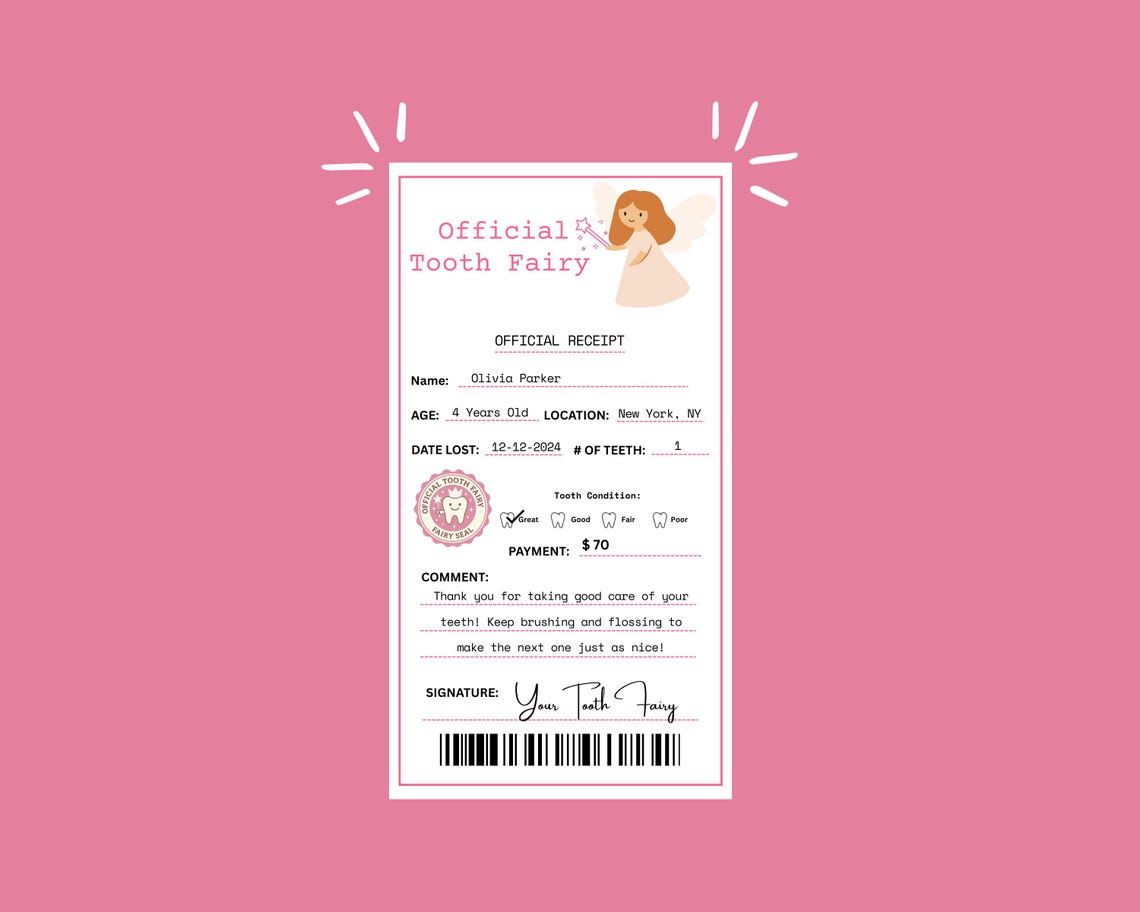 Editable Tooth Fairy Receipt Template: Printable Keepsake (canva Edit ...