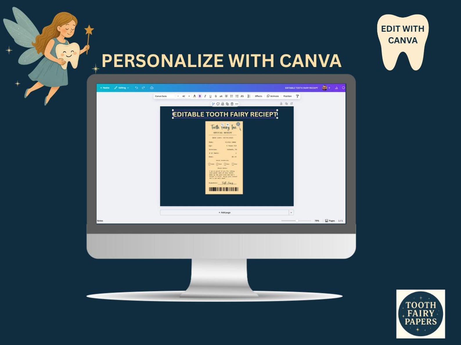 Editable Tooth Fairy Receipt Template: Printable Keepsake (canva Edit ...
