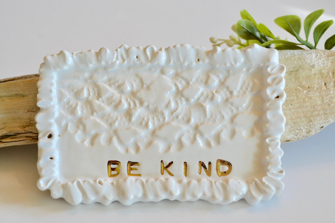 Be Kind Ceramic Tile: White & Gold Word Art Plaque - Etsy