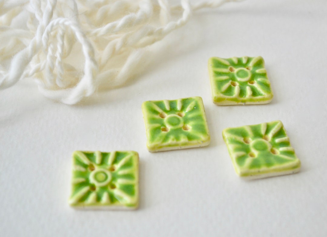 Handmade Lime Green Square Ceramic Buttons: Embossed Pottery, Set of 4 ...