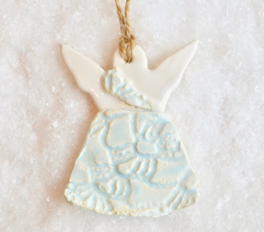 Handmade Ceramic Angel Ornament: Shimmery Blue Dress, Christmas Tree ...