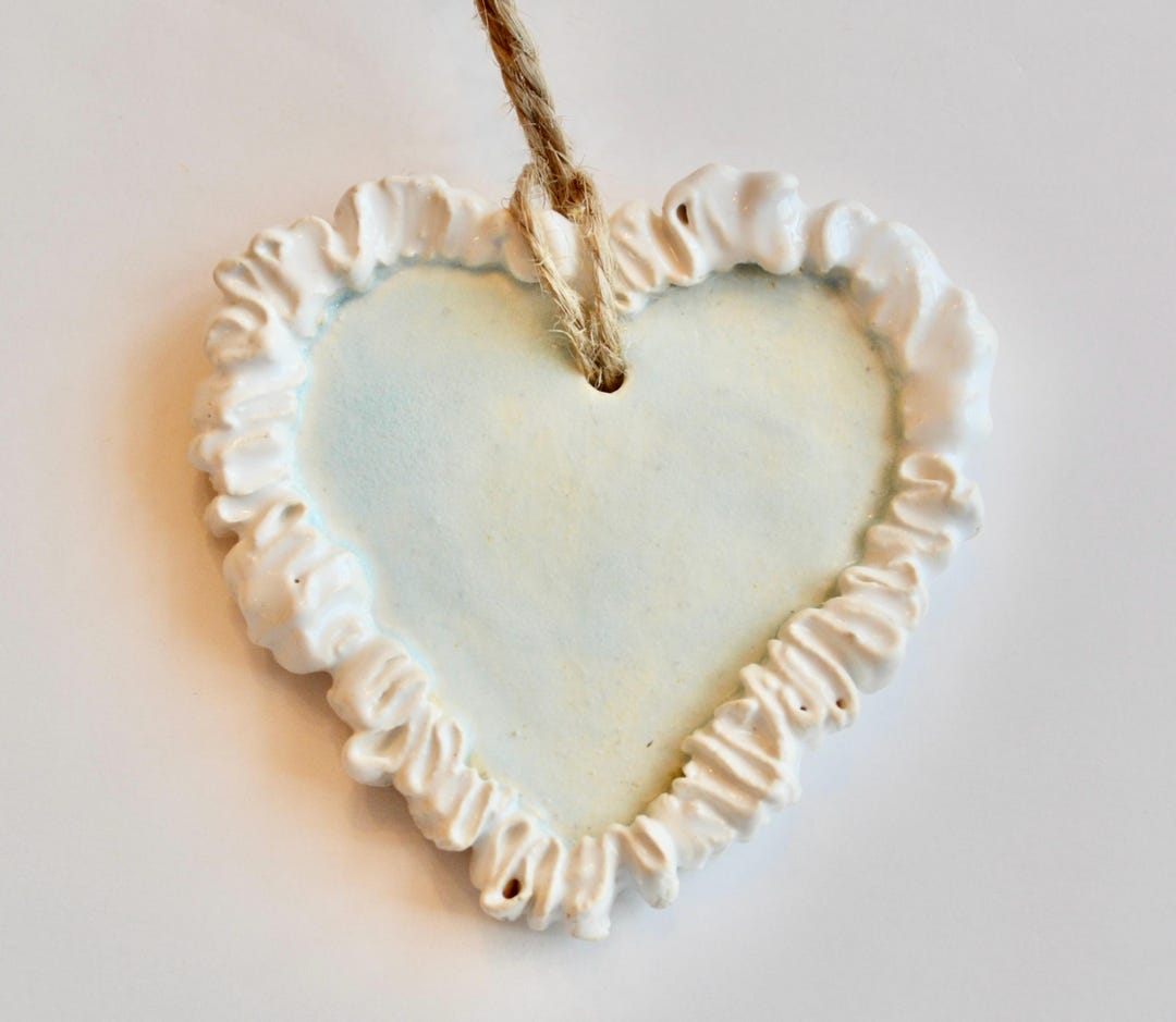 Handmade Aqua Ceramic Heart Ornament: Ruffled Edge Decor ~ White Aqua ...